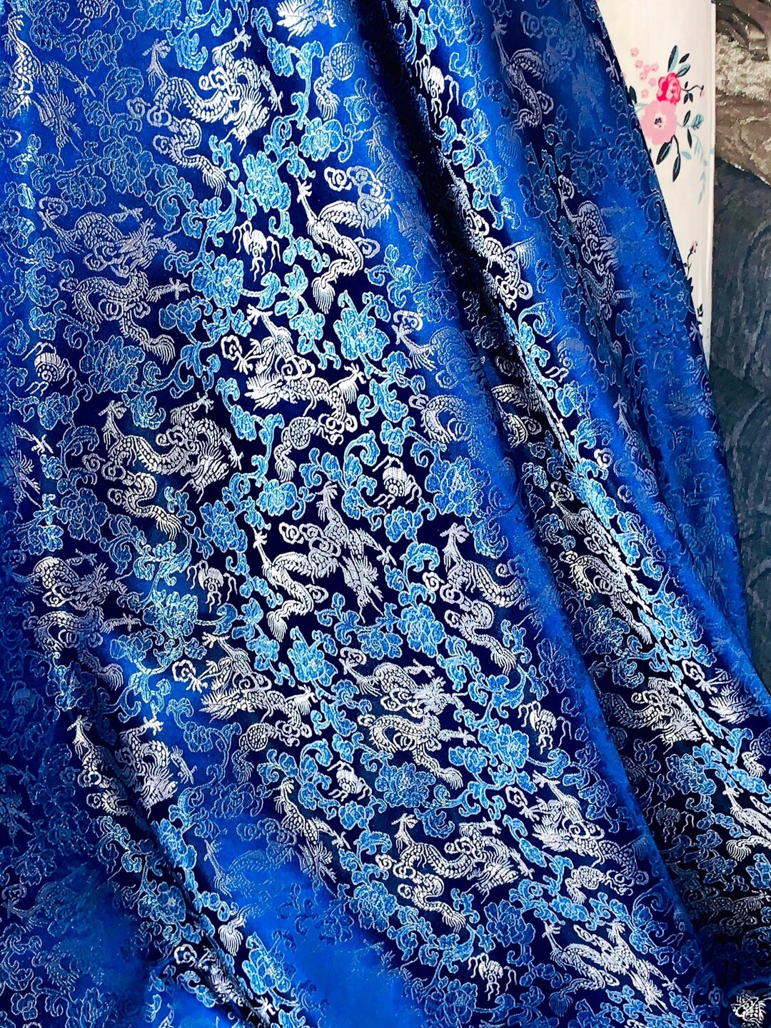 Royal Blue Silver Dragon Chinese Oriental Brocade Jacquard Fabric 47 ...