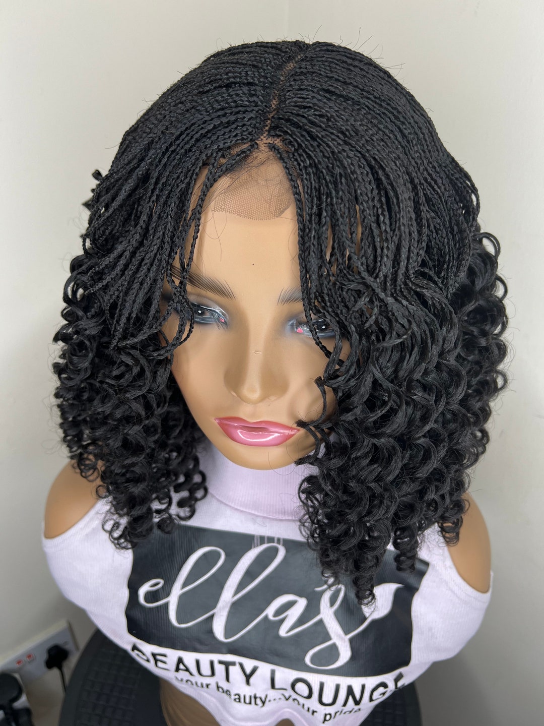 Black Curly Braided Wig: Shoulder Length, 4x2 Closure Wig - Etsy