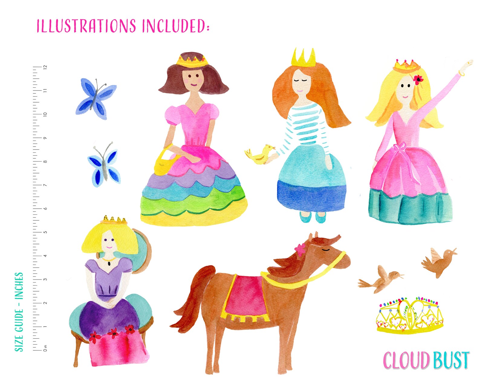 Princess Clipart, Little Girl Clipart, Crown Clipart, Watercolor ...