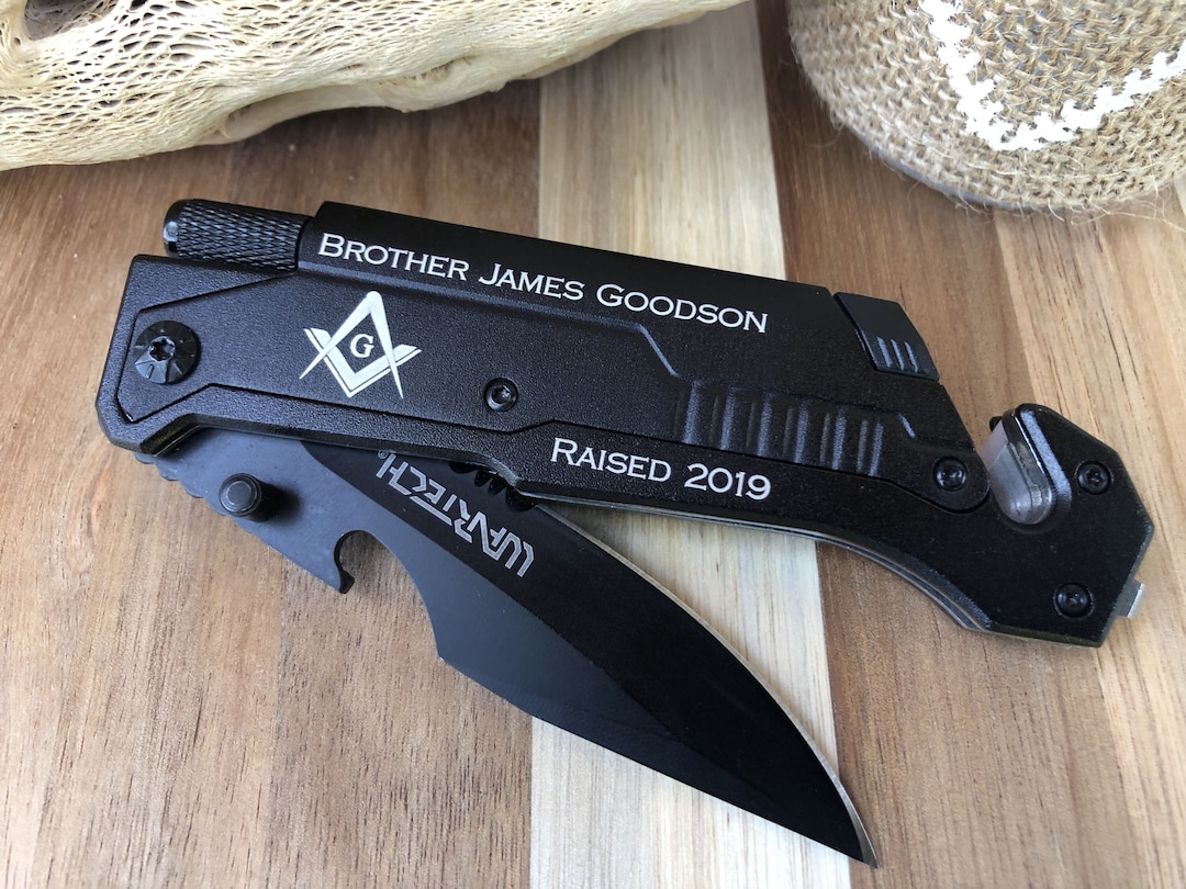Custom Engraved Masonic Rescue Pocket Knife, With LED and Fire Starter ...