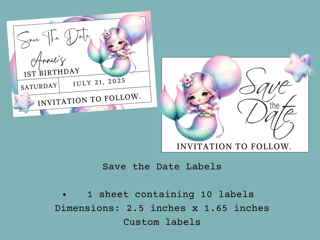 Mermaid Save the Date Labels/birthday Party/ Mermaid Party/1st Birthday ...