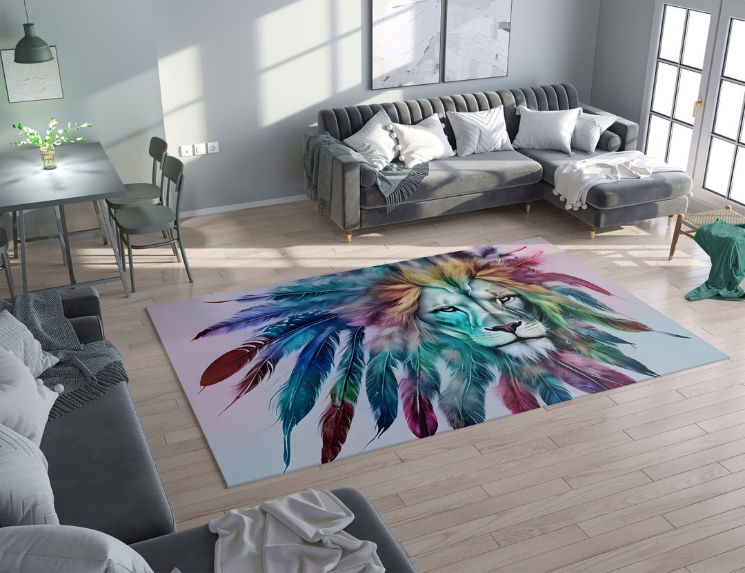 Lion With Feathers Rug Lions Floor Mat Lion Artwork Blue Rugs 2x3 4x6 ...