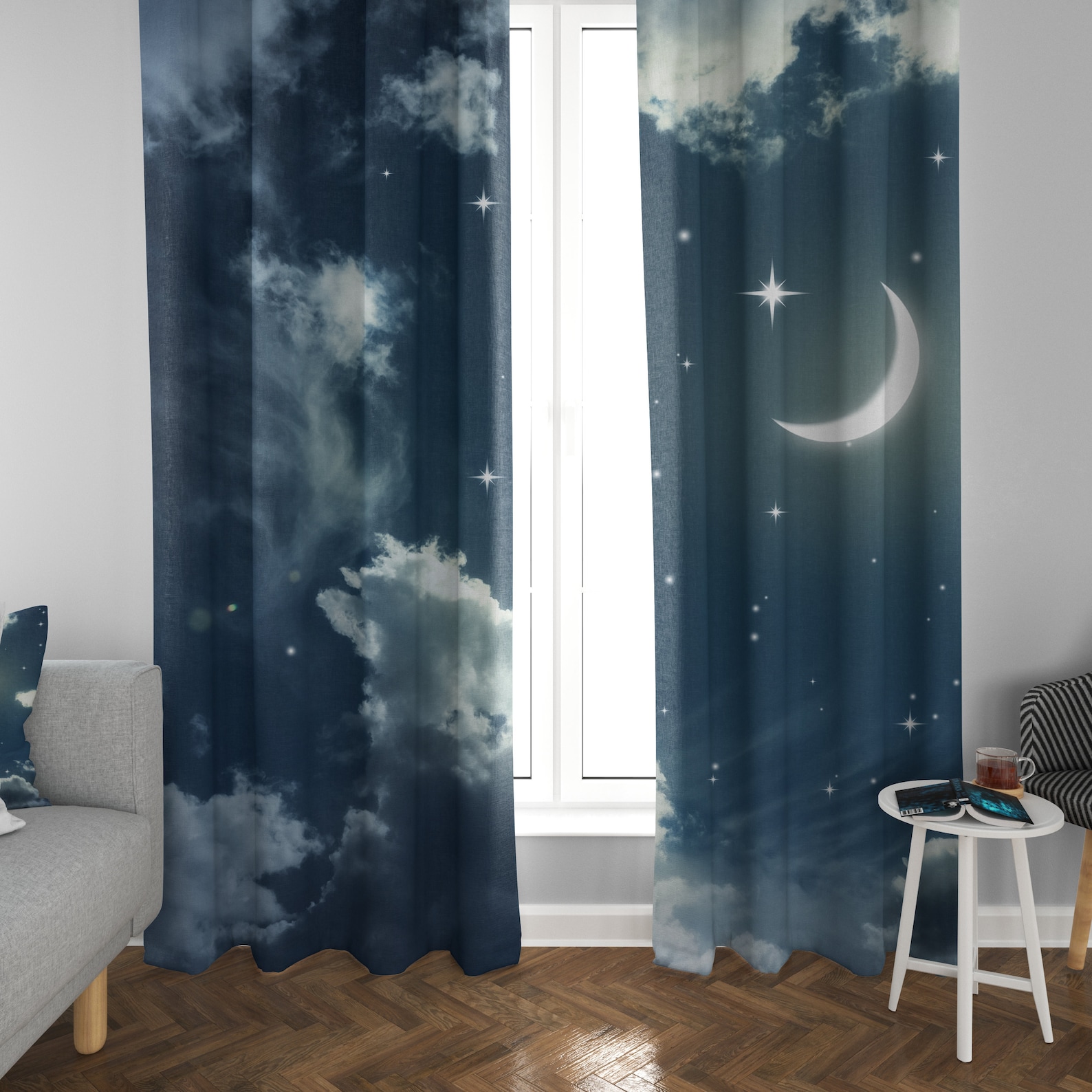 Clouds Window Curtains Moon Stars Drapery Curtain Panels Blue Window ...