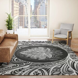 Lotus Rug Black & White Rug Spiritual Rug Gray Floor Rug 3x5 4x6 5x7 ...