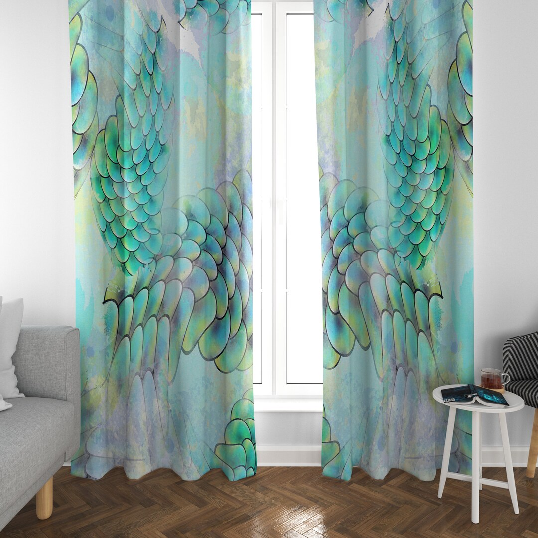Mermaid Watercolor Window Curtain Blue Drapery Curtain Panels Aqua ...