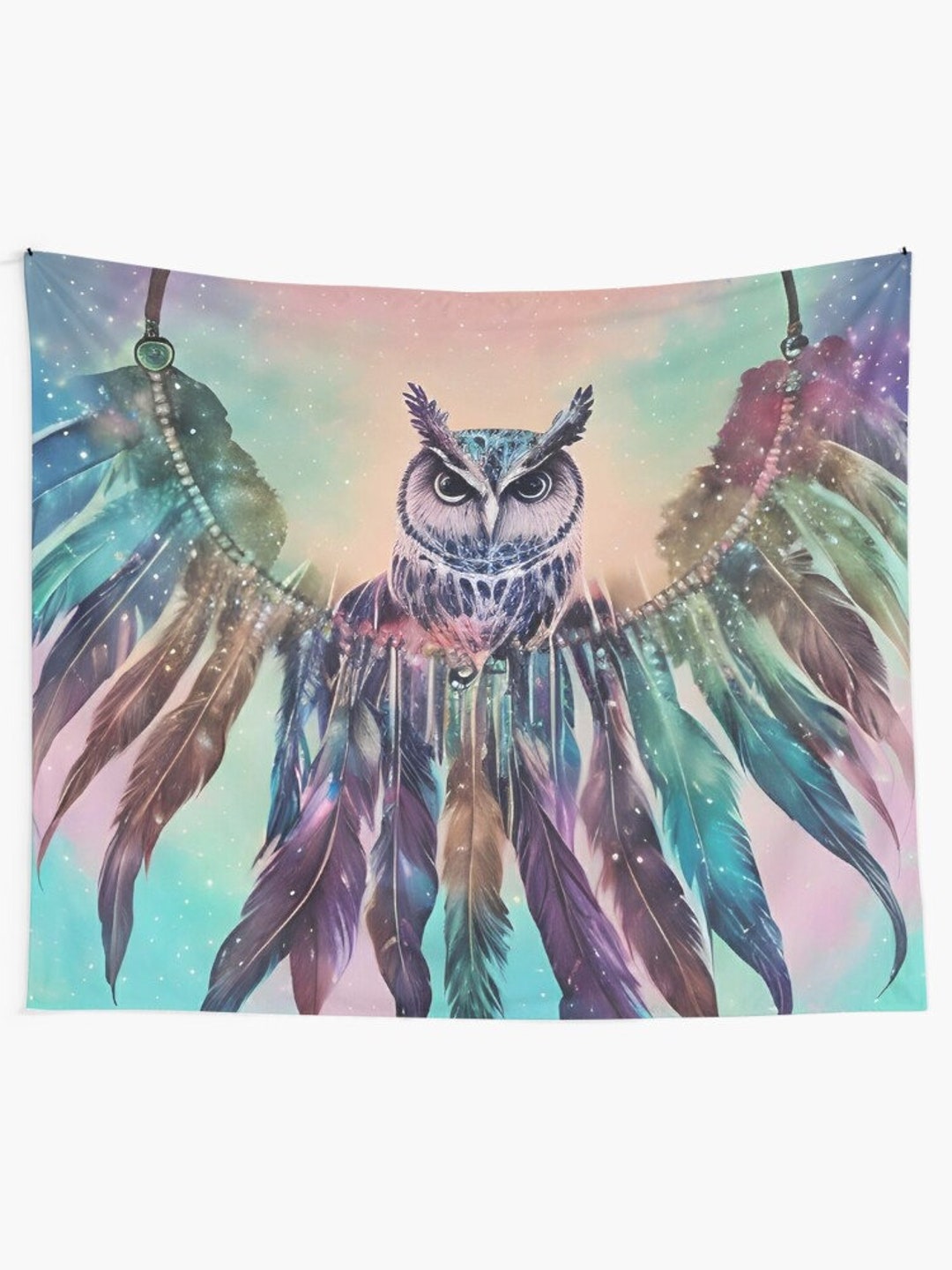 Owl With Feathers Tapestry Owls Wall Hanging Owl Artwork Blue Green - Etsy