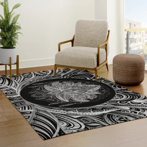Lotus Rug Black & White Rug Spiritual Rug Gray Floor Rug 3x5 4x6 5x7 ...