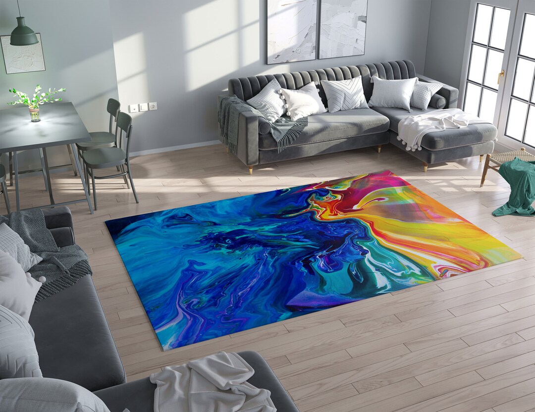 Abstract Art Rug Blue Yellow Rugs Water Ocean Decor Unique Rugs 2x3 3x5 ...