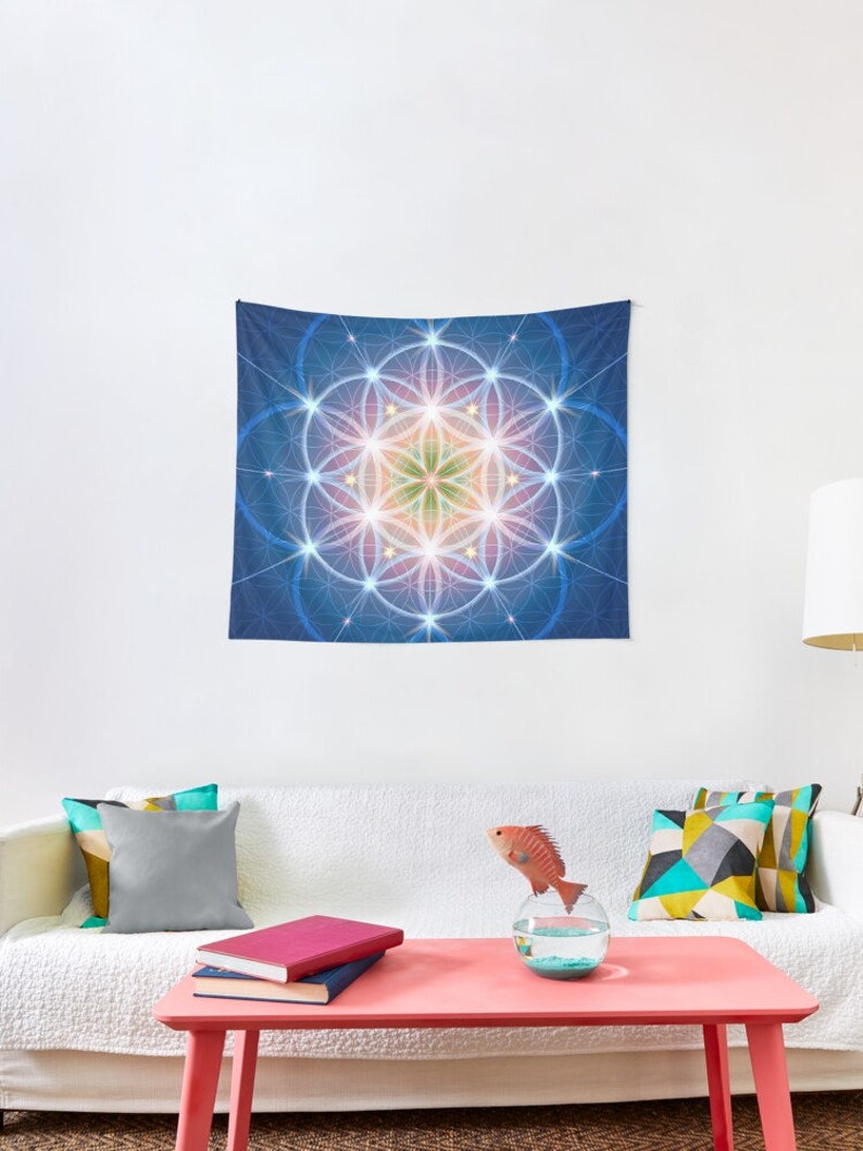 Blue Sacred Geometry Tapestry Spiritual Wall Hanging Flower of Life ...