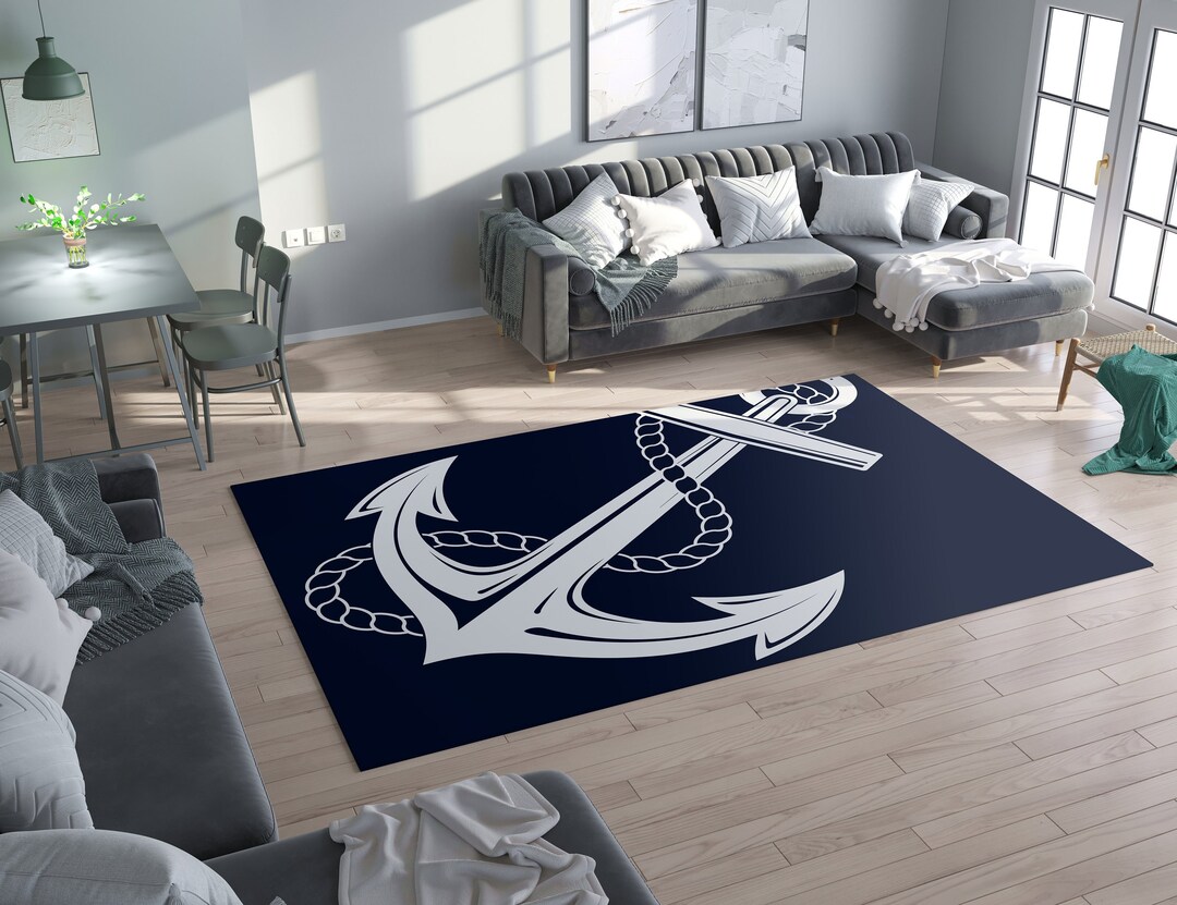Anchor Rug Nautical Rug Boaters Rugs Navy White Floor Rug Beachy Rugs ...