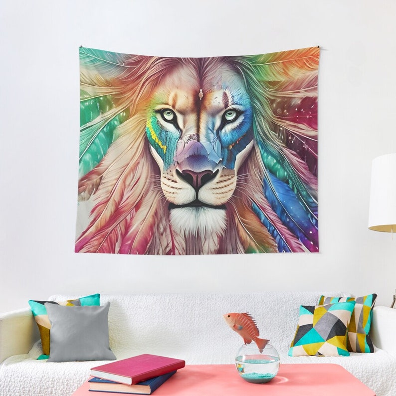 Lion Tapestry Lion With Feathers Wall Hanging Lions Tapestries - Etsy