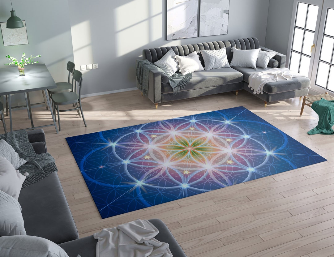 Blue Sacred Geometry Rug Purple Rug Crystal Grid Spiritual Rug Flower ...
