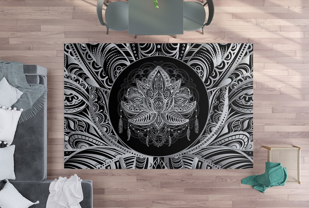 Lotus Rug Black & White Rug Spiritual Rug Gray Floor Rug 3x5 4x6 5x7 ...