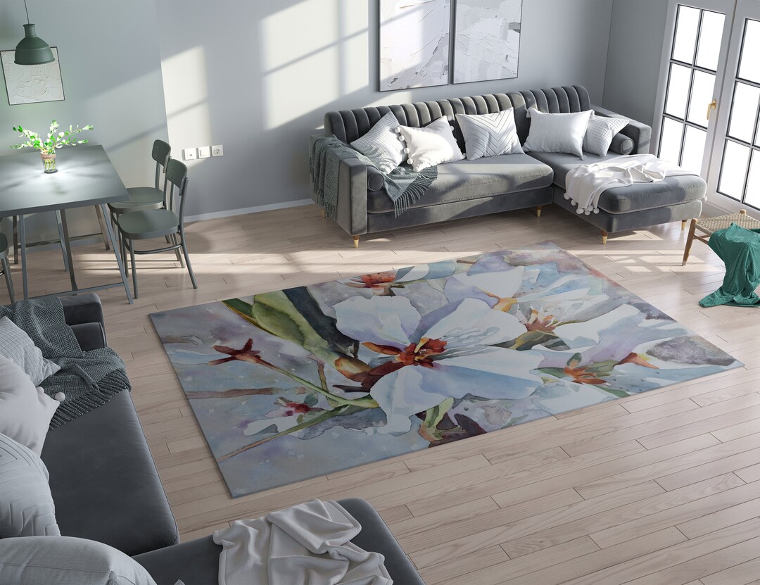 White Magnolia Flower Rug Pastel Floral Rug Botanical Rugs Whites ...