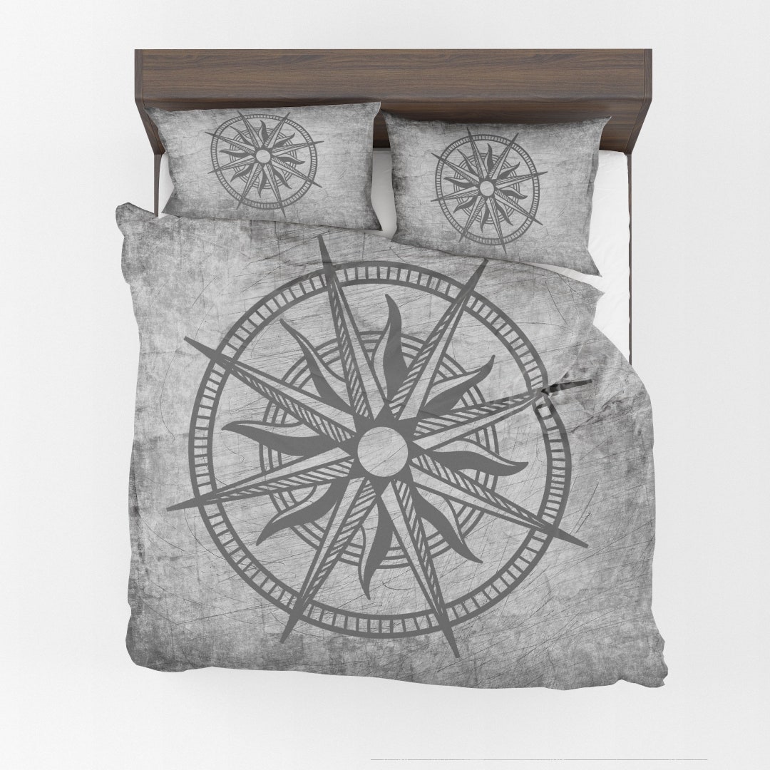 Compass Comforter or Duvet Cover Gray Grunge Bedding Nautical Bedding ...