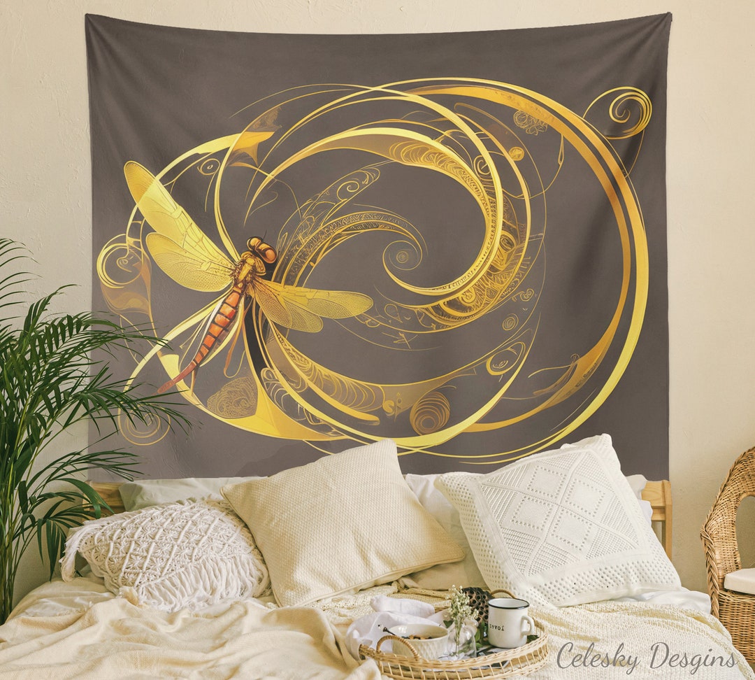 Gold Dragonfly Tapestry Dragonflies Art Blue Gray Tapestry Golden ...