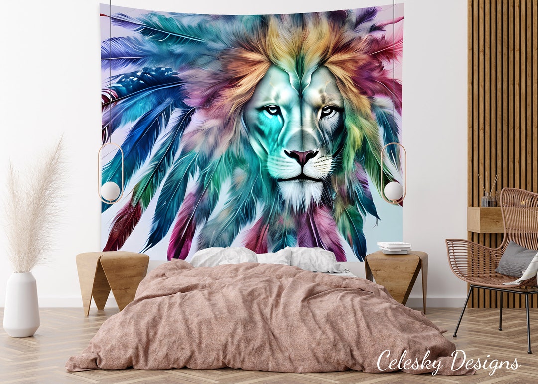 Lion With Feathers Tapestry Colorful Spiritual Boho Lions Tapestries - Etsy