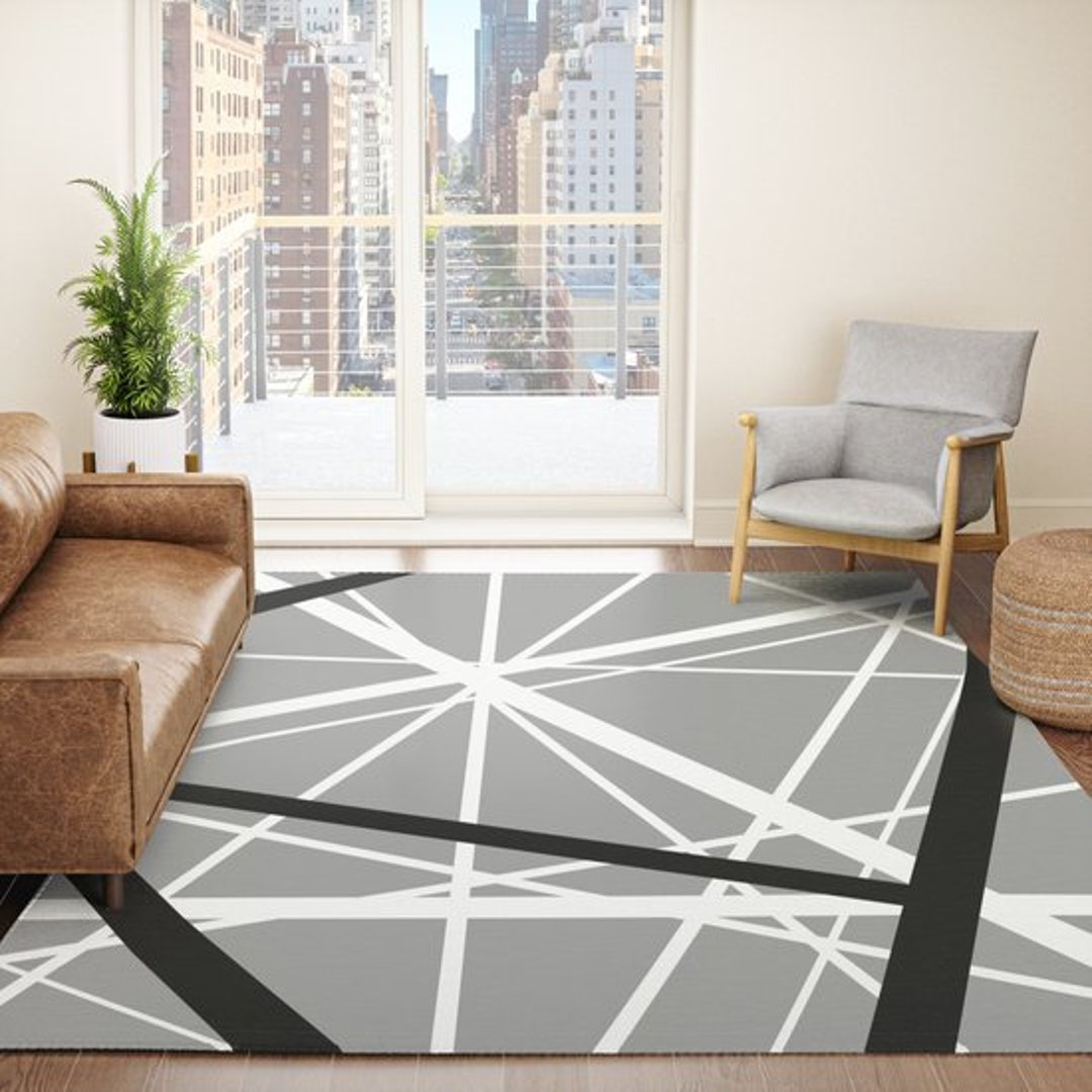 Gray Black & White Abstract Rug Lines Rug Grey Floor Rug 3'x5' 4'x6 ...