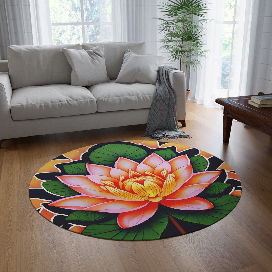 Lotus Flower Rug Yellow Navy Green 5' Round Rugs Japanese Art - Etsy