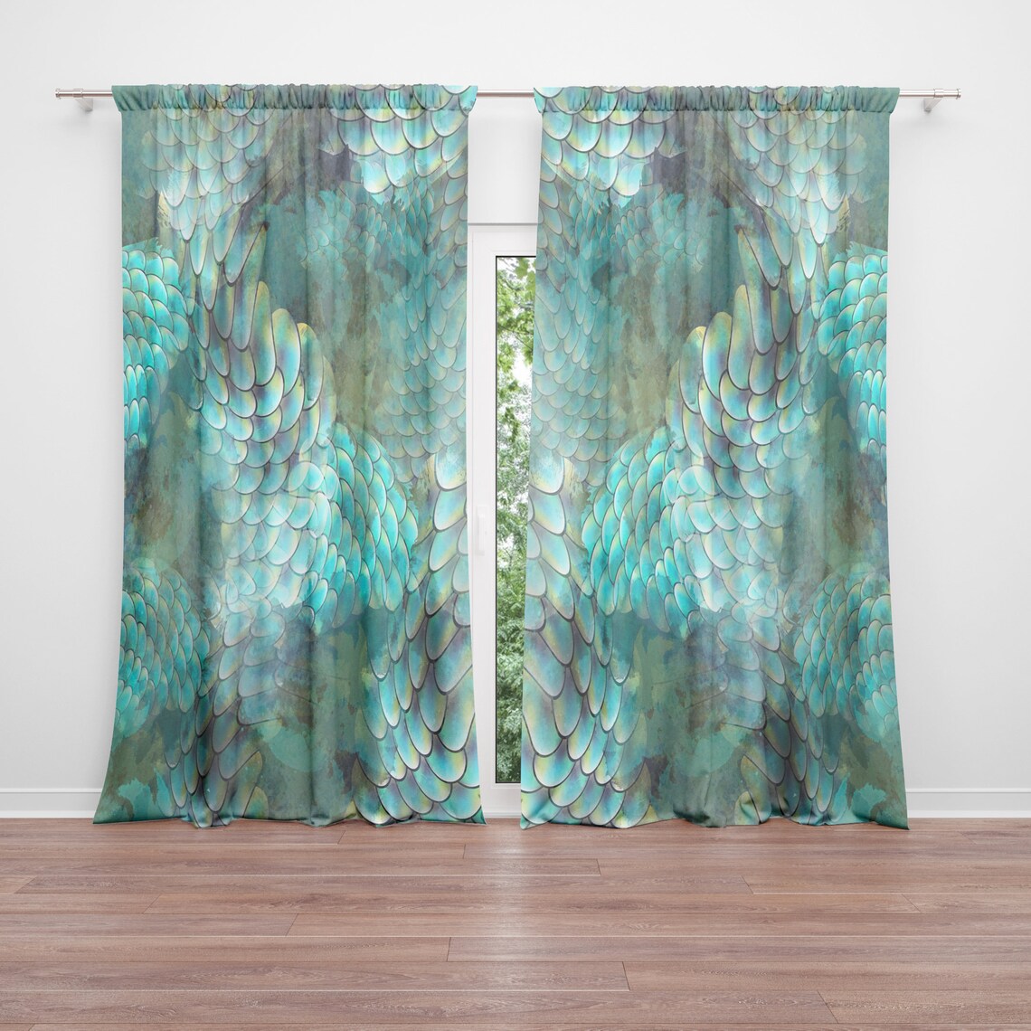 Mermaid Window Curtain Aqua Drapery Curtain Panels Blue Window ...