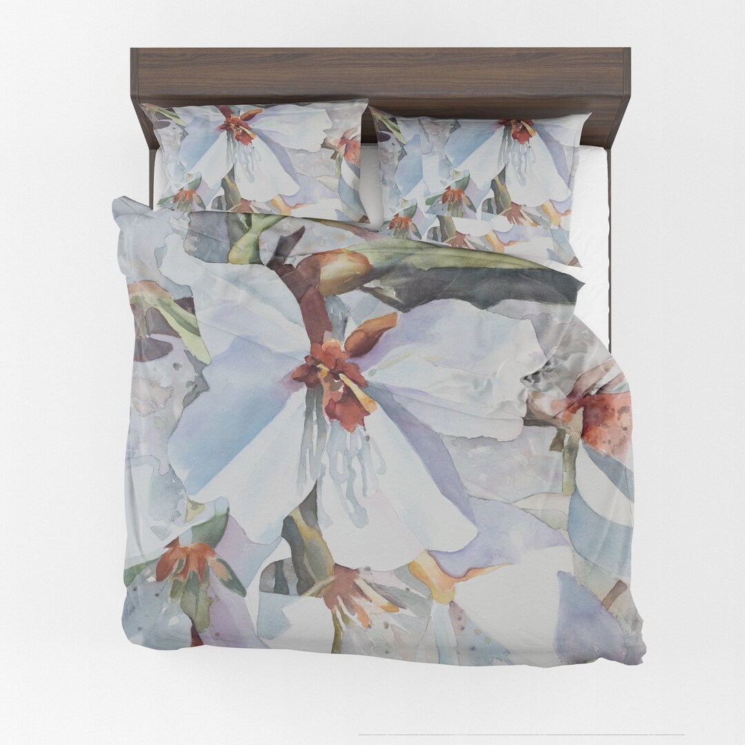 White Magnolia Flowers Comforter or Duvet Cover Pastel Watercolor ...