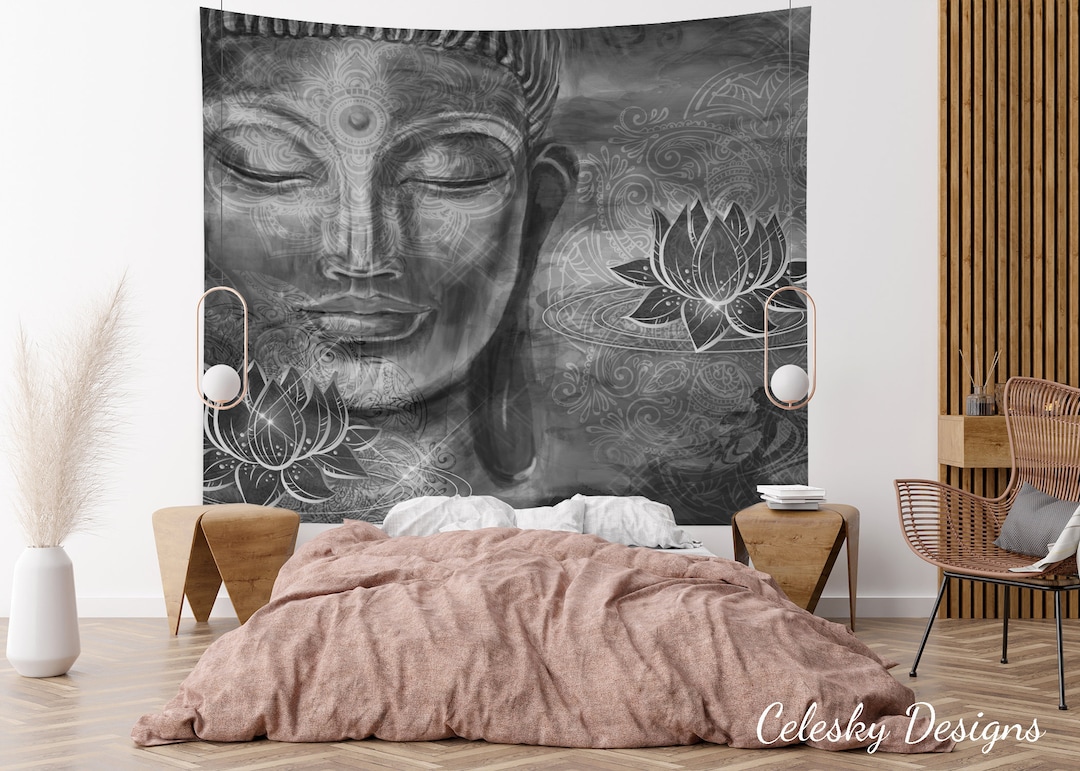 Buddha Tapestry B&w Buddha Wall Art Gray Tapestry Spiritual Tapestries ...