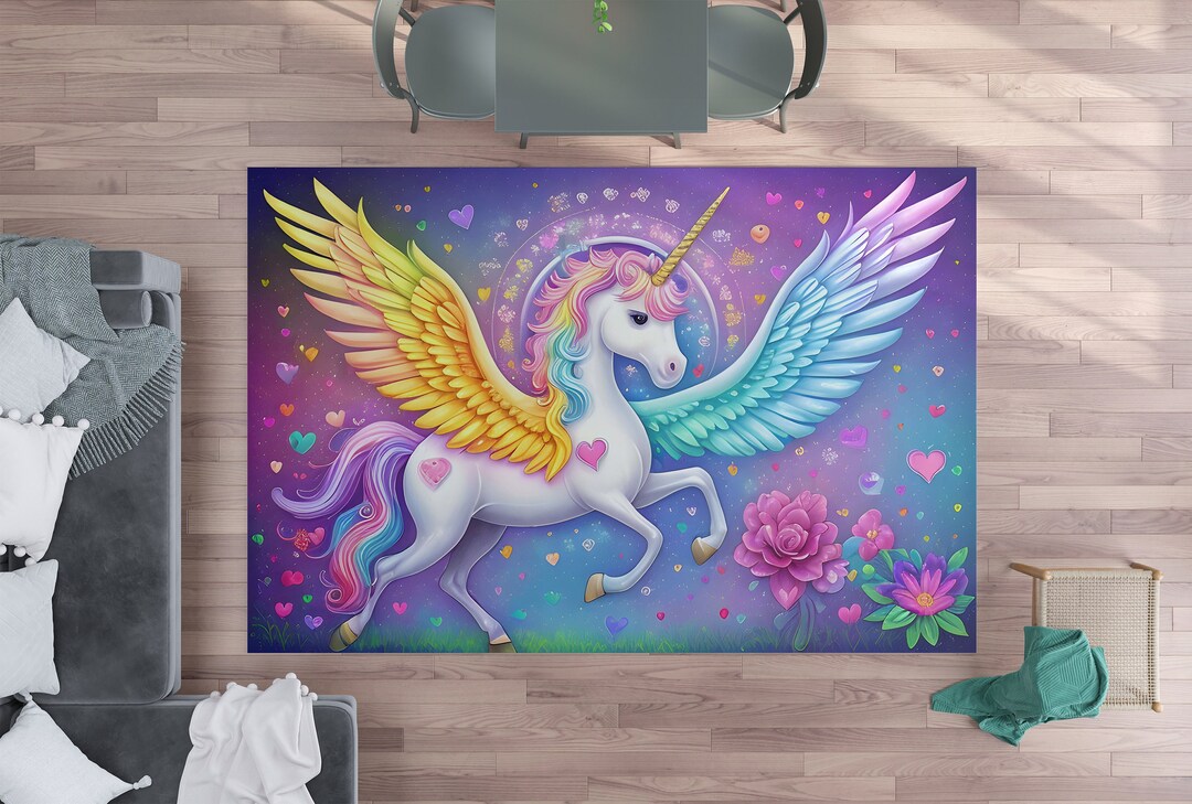Unicorn Rug Rainbow Rug Colorful Rug Unicorns Hearts Flowers Floor Rugs ...