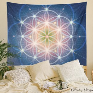 Blue Sacred Geometry Tapestry Spiritual Wall Hanging Flower of Life ...