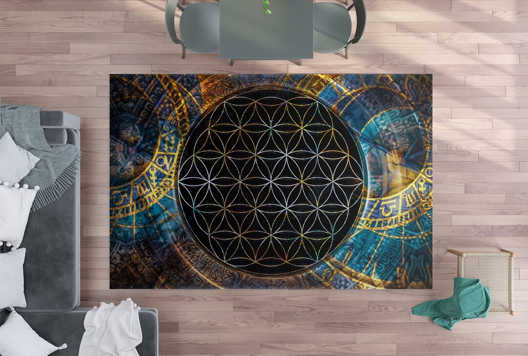 Sacred Geometry Rug Flower of Life Rug Spiritual Rug Black Floor Rug ...