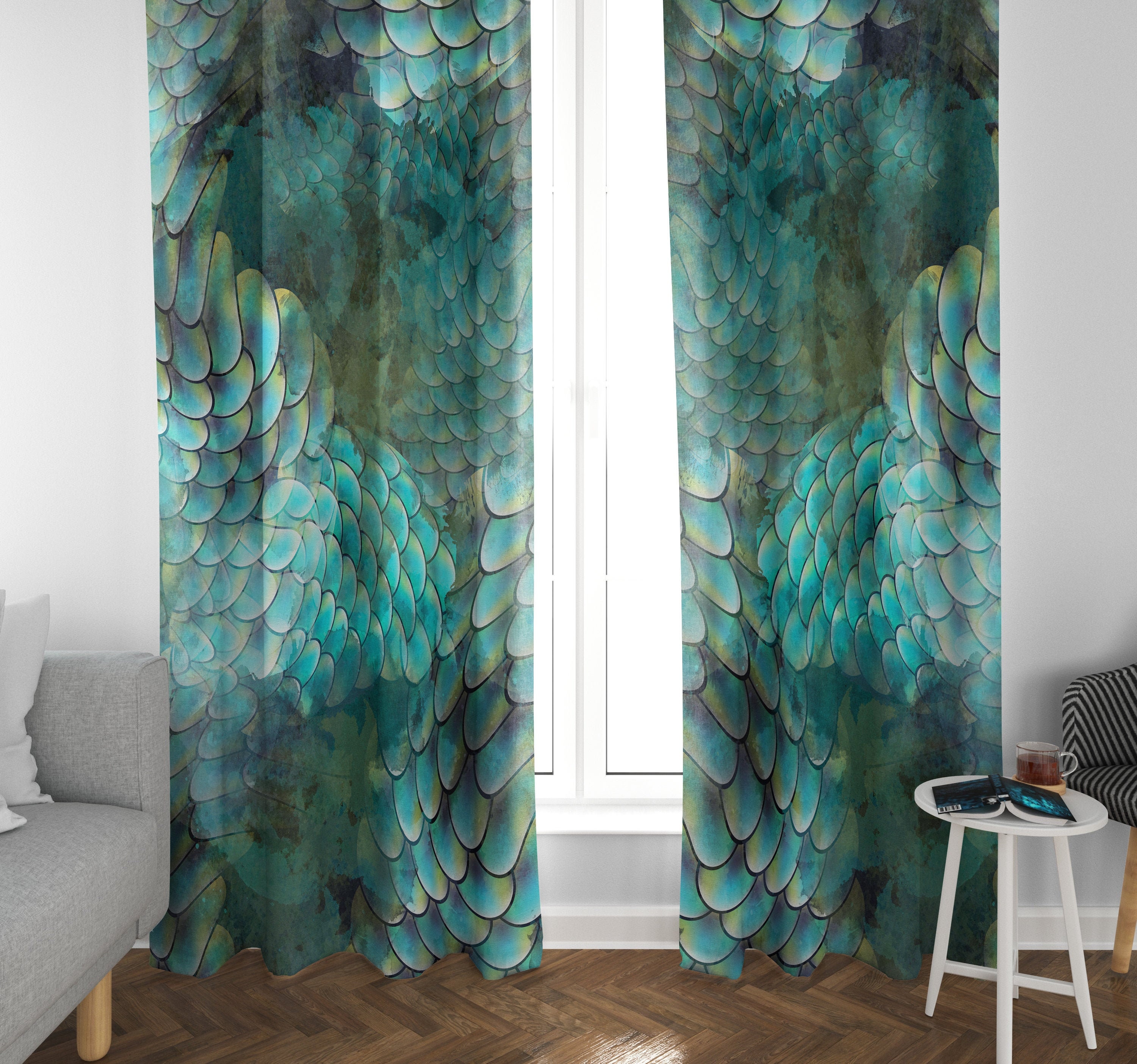 Mermaid Window Curtain Aqua Drapery Curtain Panels Blue Window ...