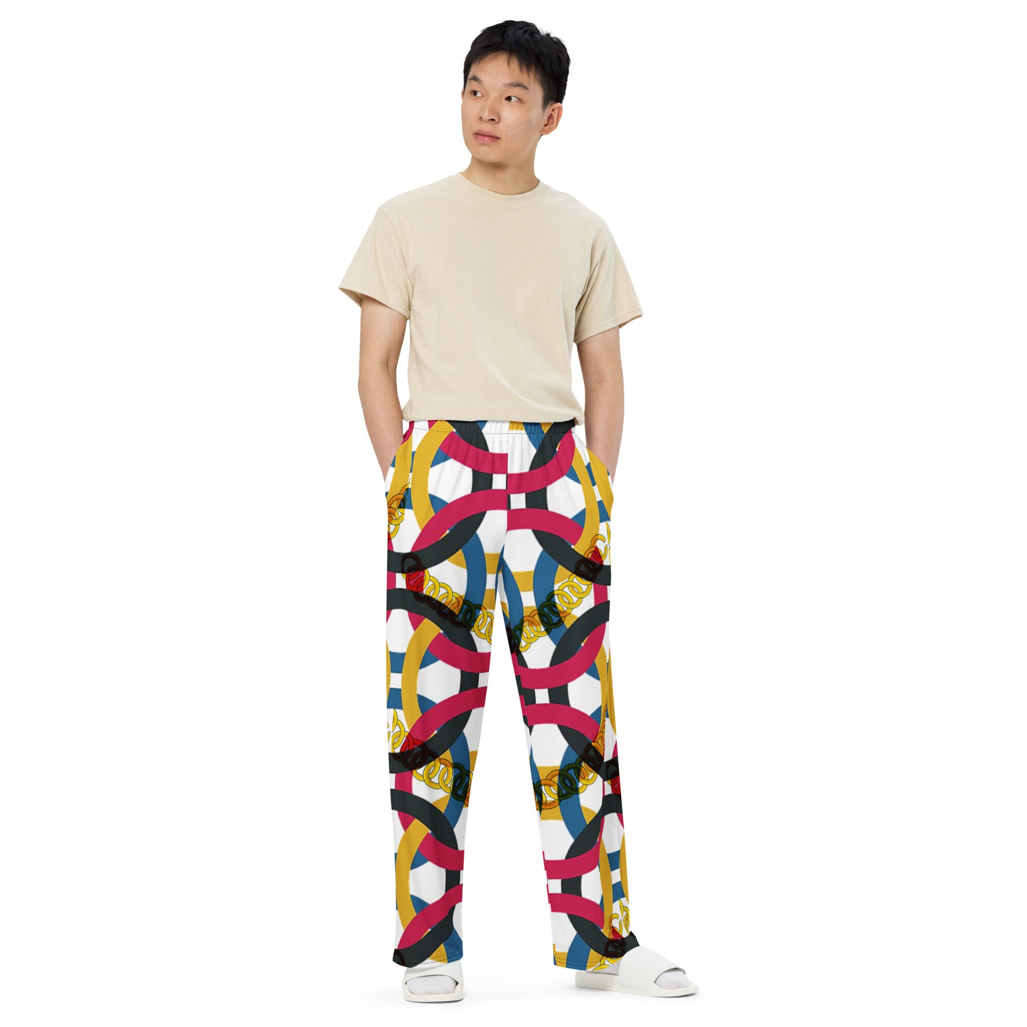 All-over Print Unisex Wide-leg Pants Colorful Swirls and Gold Chains ...