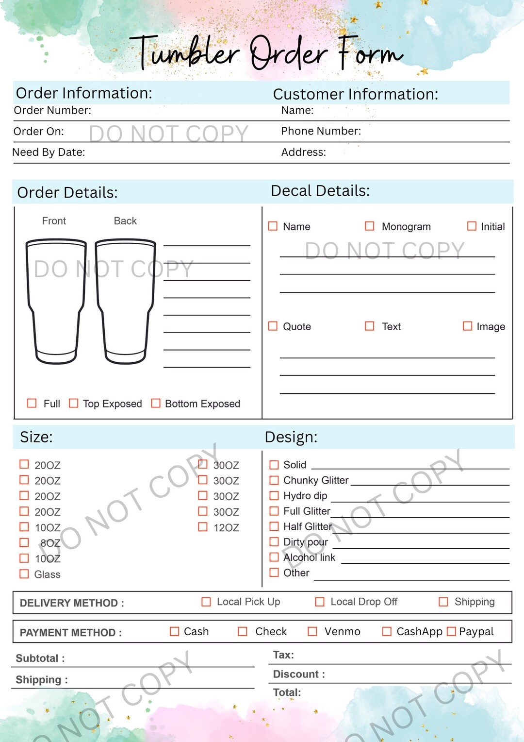 Tumbler Order Form|order Form for Small Business|downloadable Tumbler ...