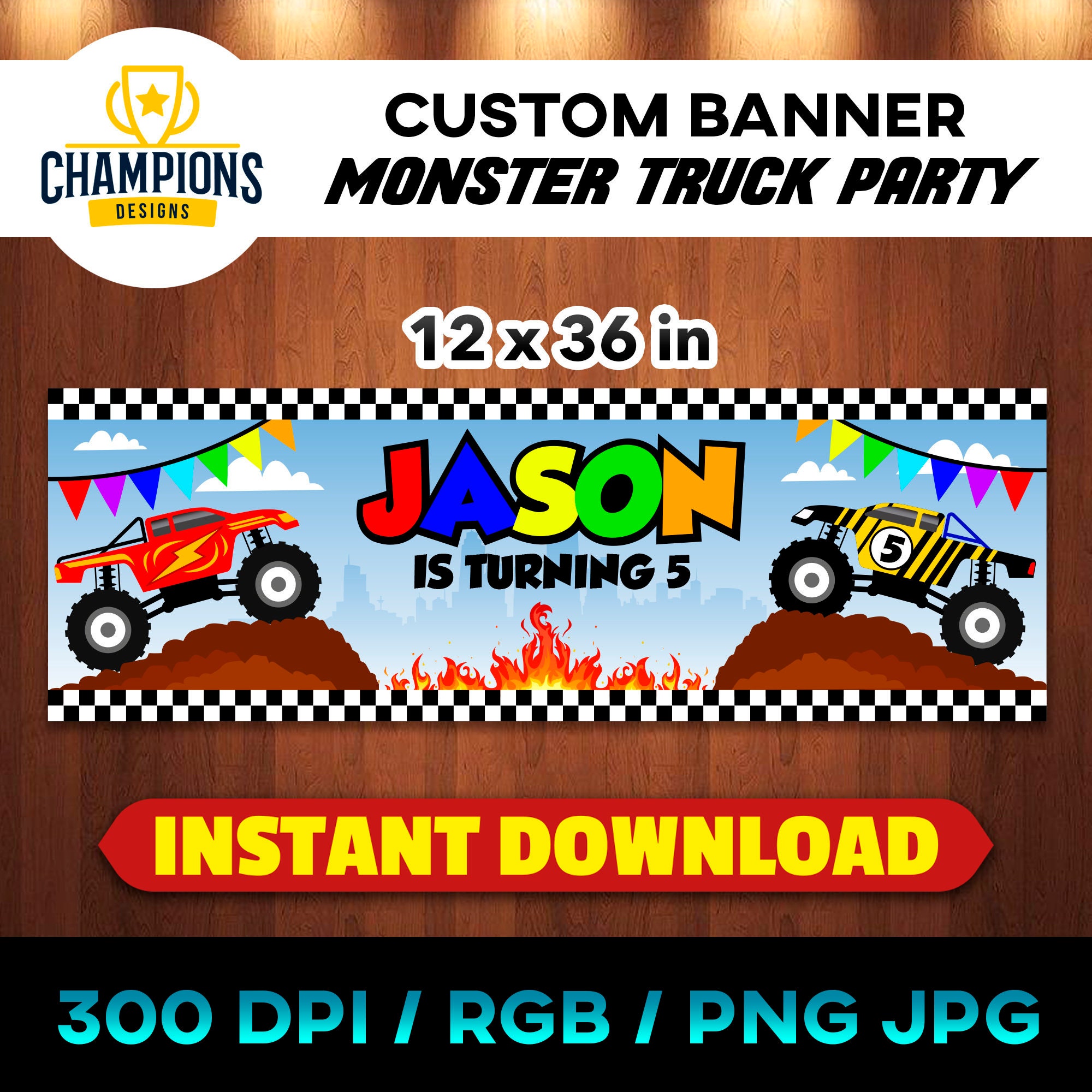 Monster Truck Custom Banner, Monster Truck Party, Racing Birthday Party ...