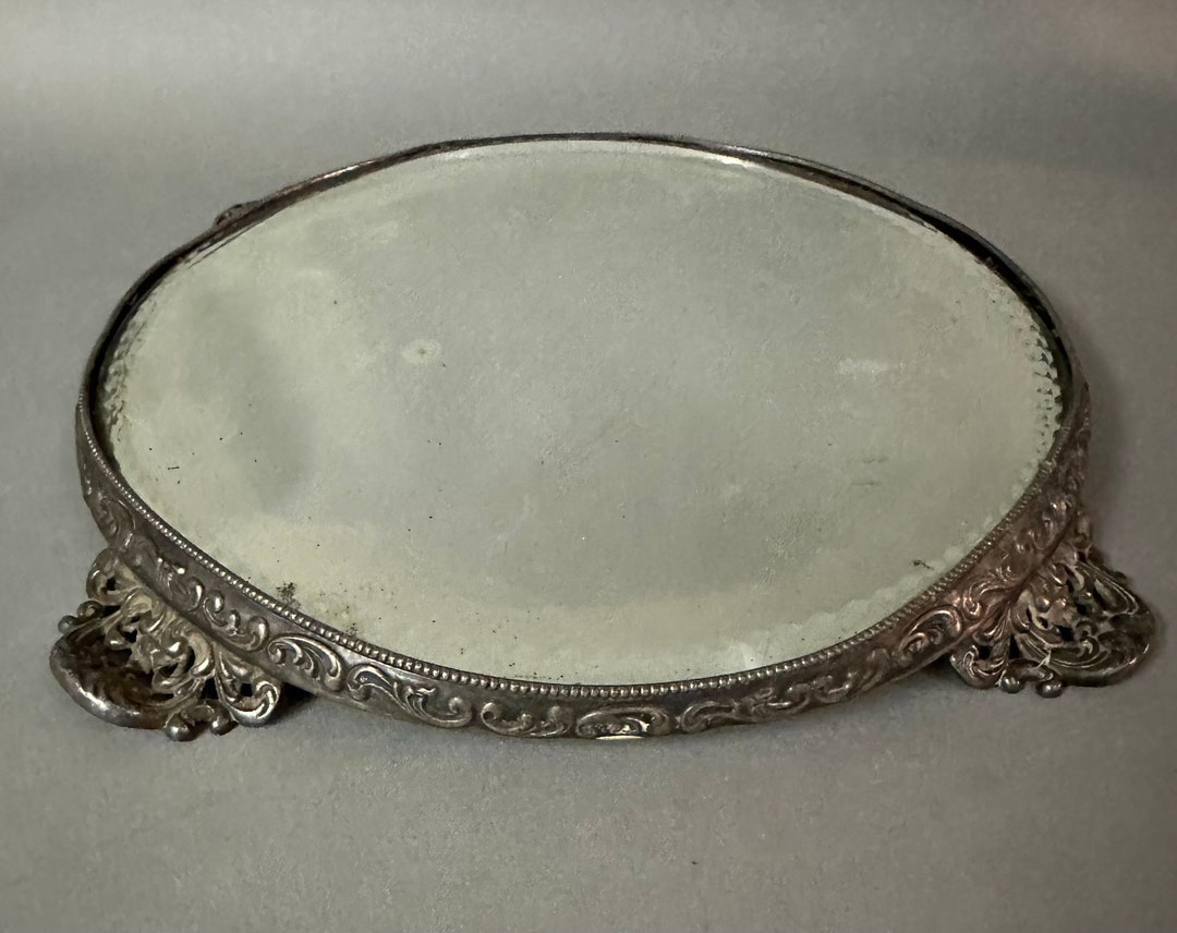 Antique Victorian Ornate Round Silver Plate Plateau Display Mirror ...