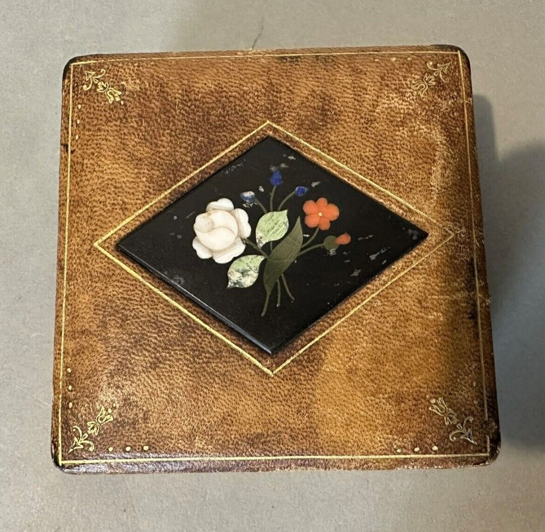 Antique Leather Jewelry Keepsake Box With Inlay Pietra Dura Top Circa ...