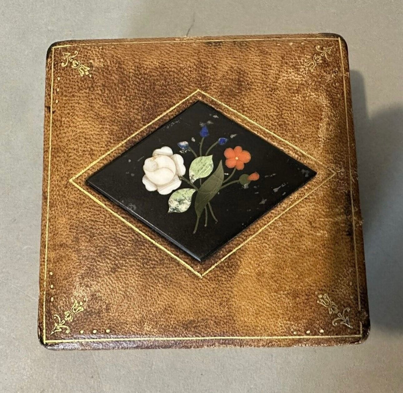 Antique Leather Jewelry Keepsake Box With Inlay Pietra Dura Top Circa ...