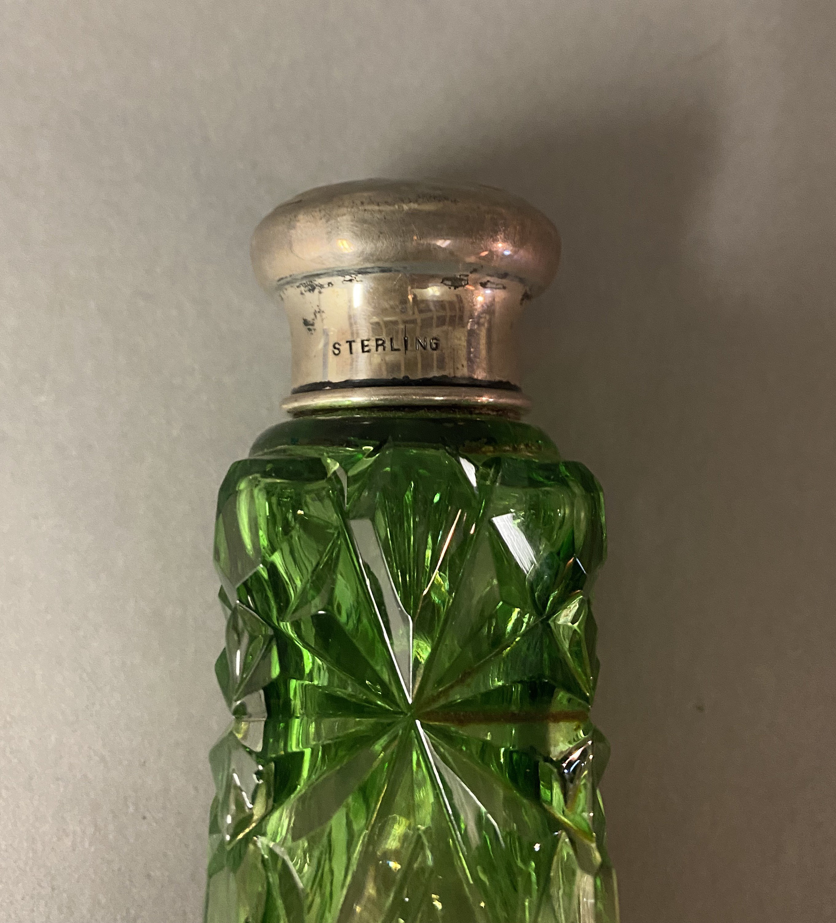 Antique Emerald Green Cut to Clear Glass & Sterling Silver Cologne ...