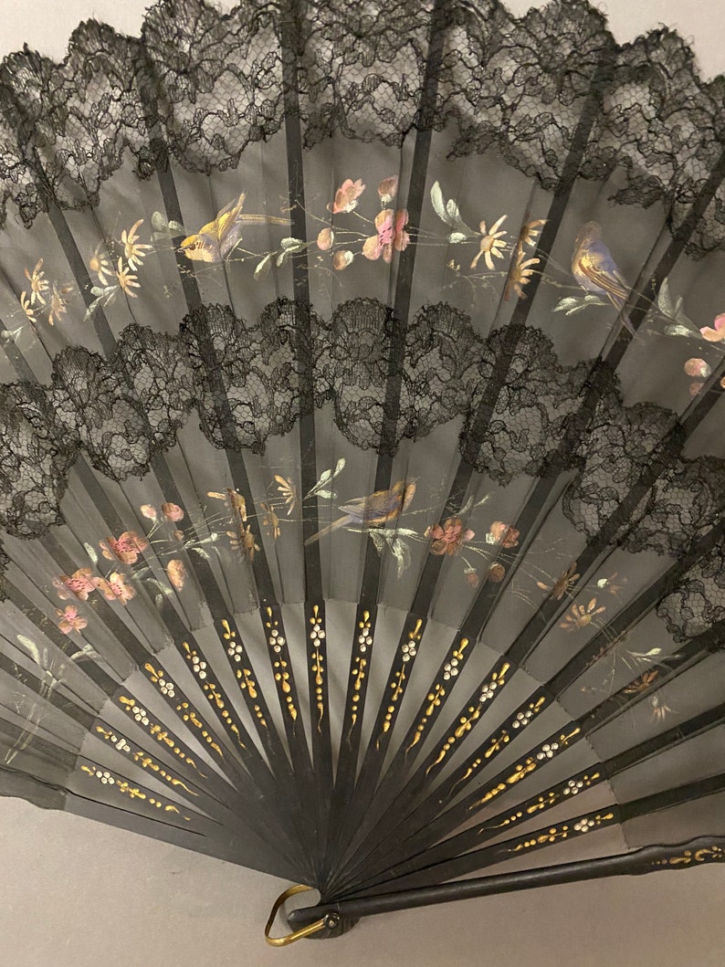 Antique Victorian Hand Painted Black Silk Lace Fan 19th C - Etsy