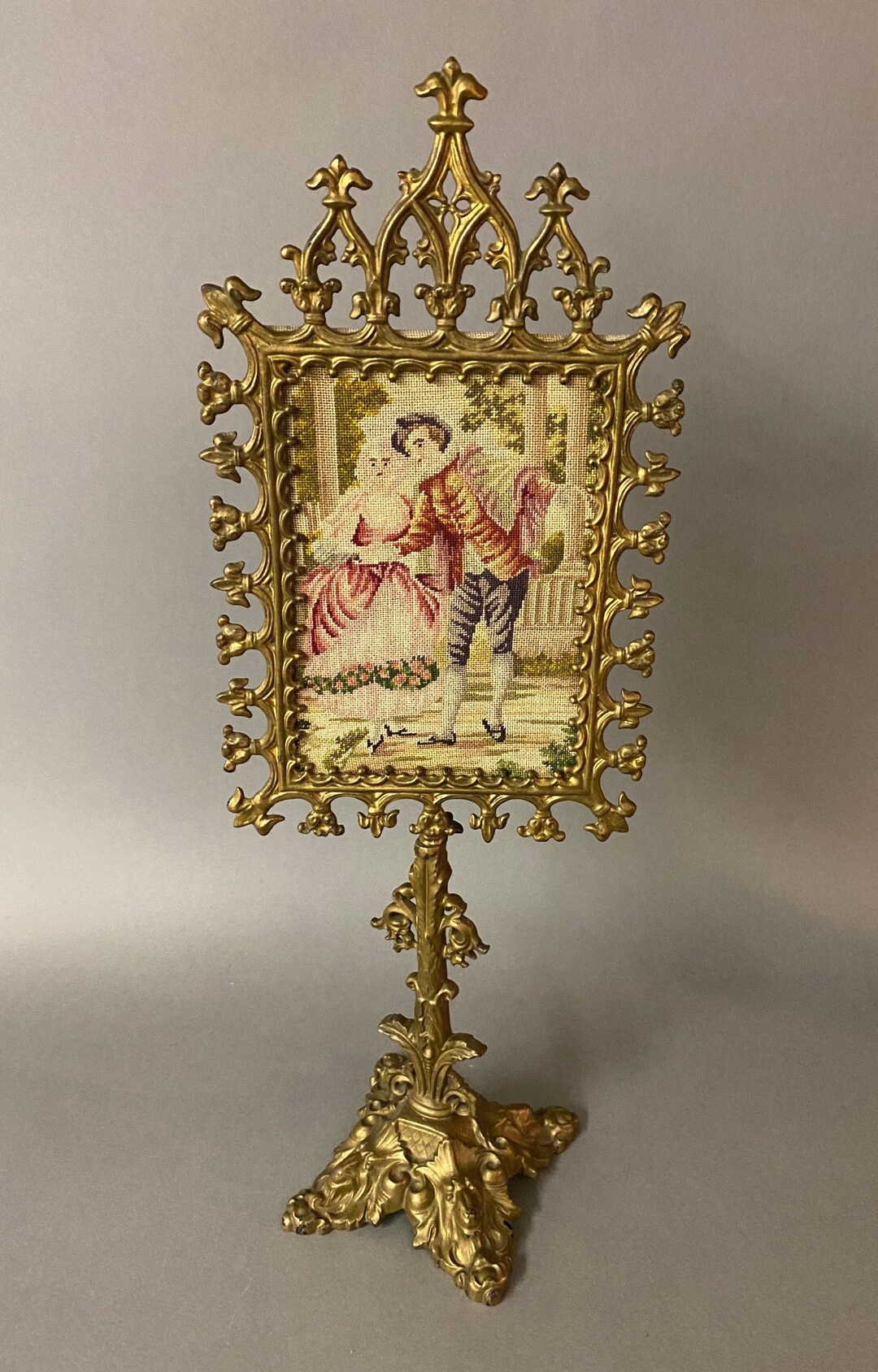 Victorian Gothic Revival Gilt Metal Petite Point Tabletop Face Fire ...