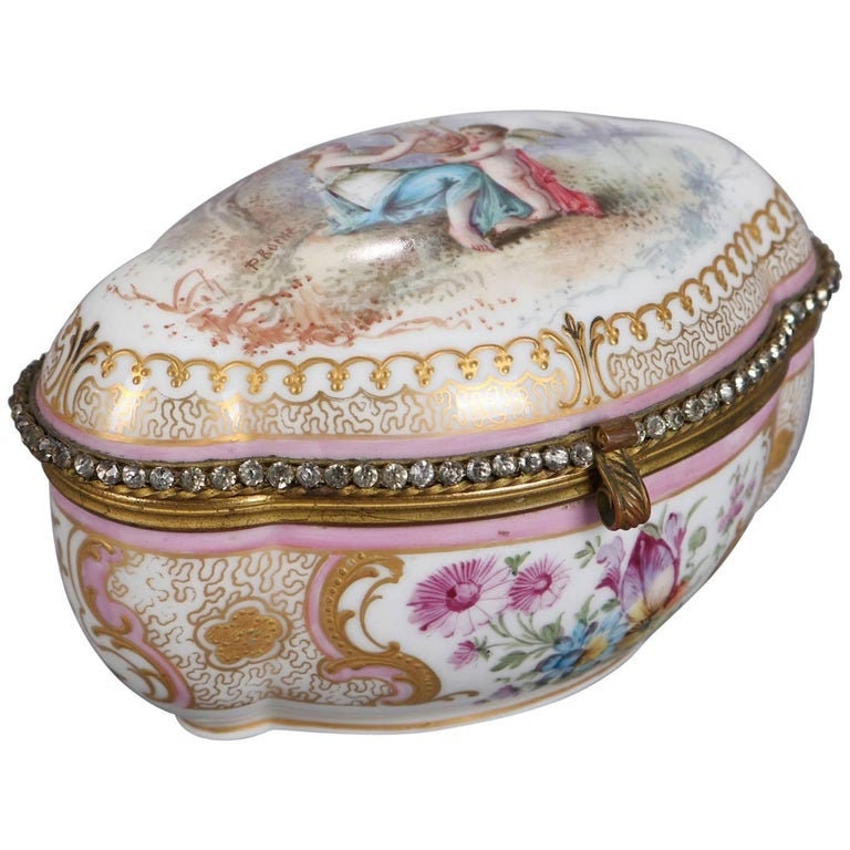 Antique German Hand Painted Porcelain Jeweled and Gilt Bronze Jewelry ...