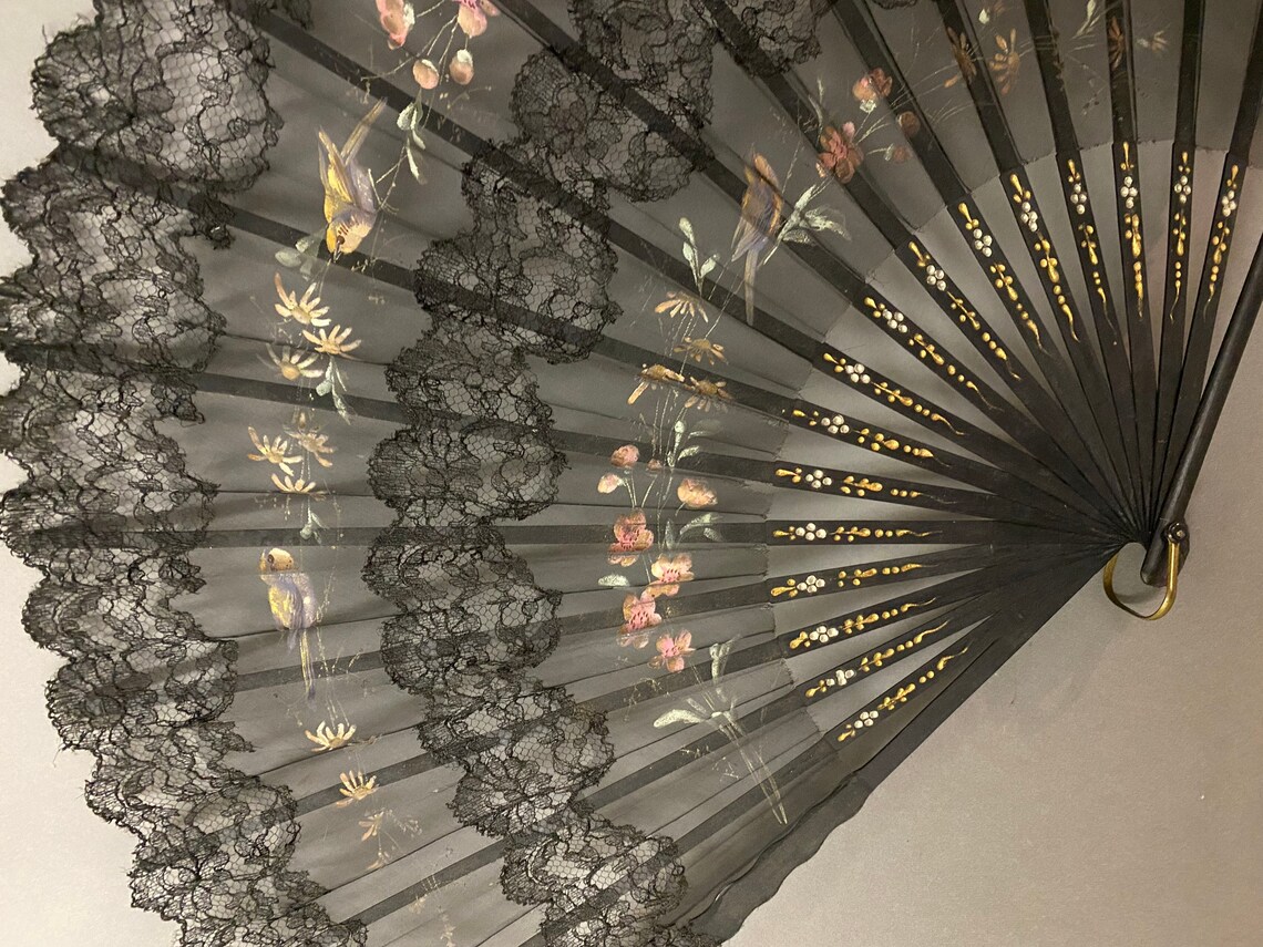 Antique Victorian Hand Painted Black Silk Lace Fan 19th C - Etsy