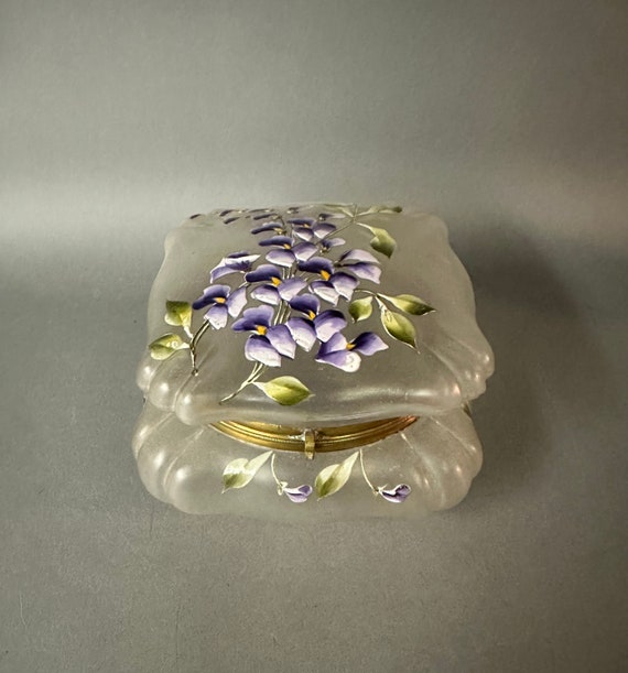 Antique Hand Enameled Frosted Art Glass Jewelry Box C Gem
