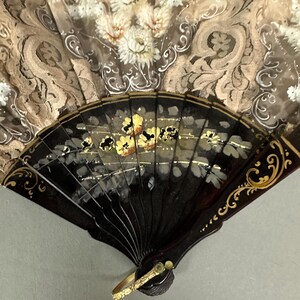 Antique Victorian French Hand Painted Floral Lace Folding Hand Fan 19th ...