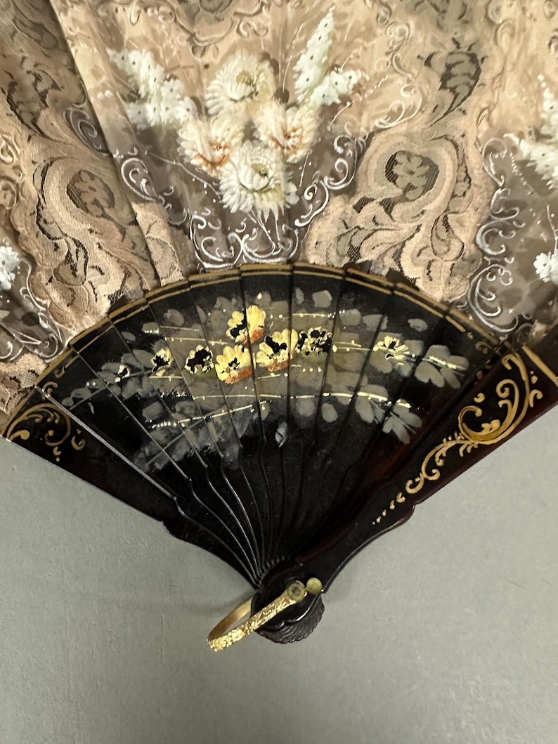 Antique Victorian French Hand Painted Floral Lace Folding Hand Fan 19th ...