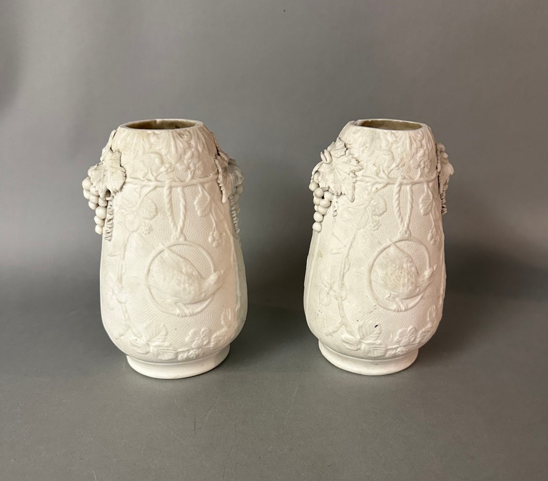 Antique Parian Ware Pair Bisque Porcelain Vases With Birds 19th C - Etsy