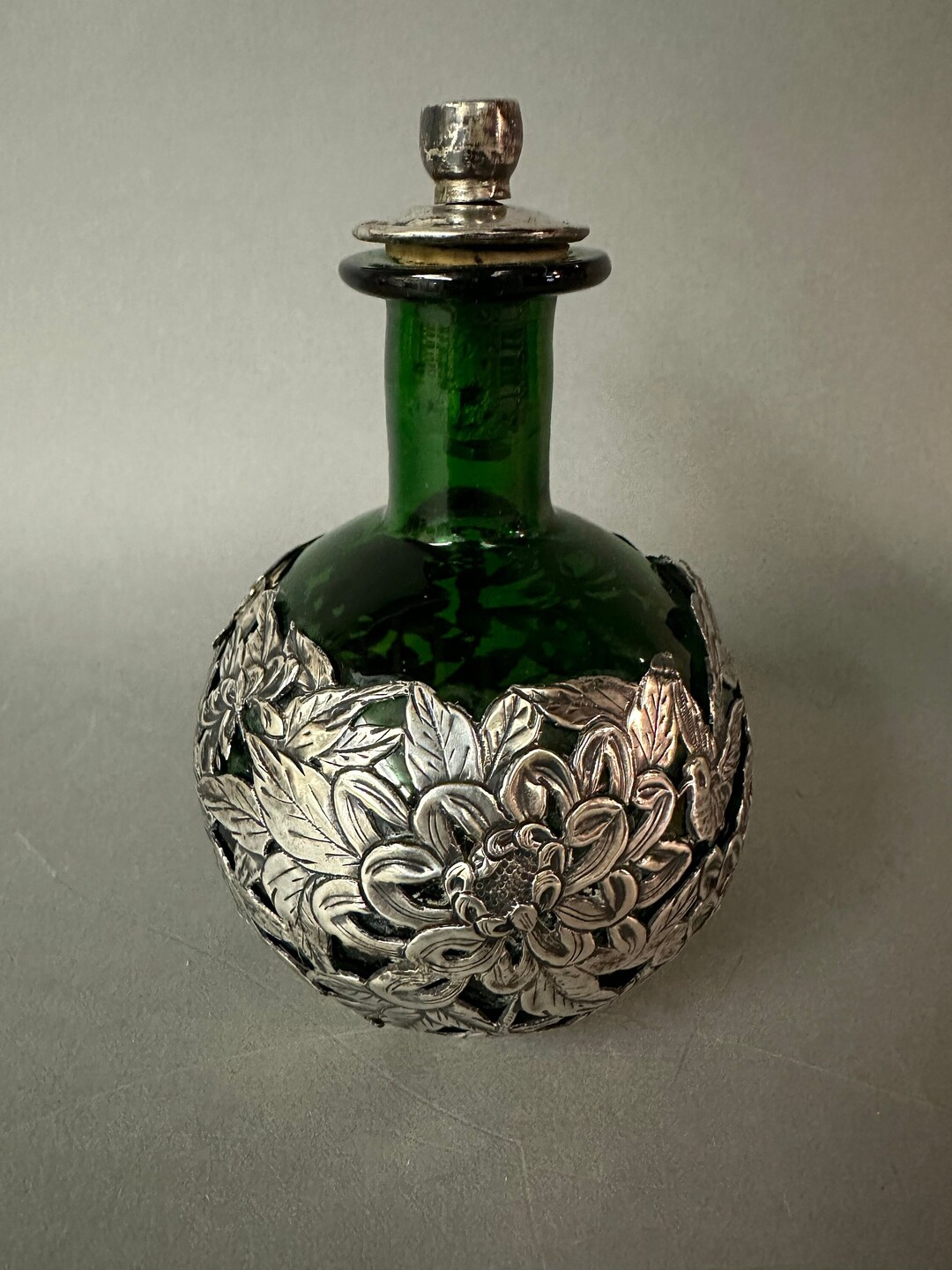 Antique Chinese Emerald Green Glass & Silver Overlay Perfume Cologne ...