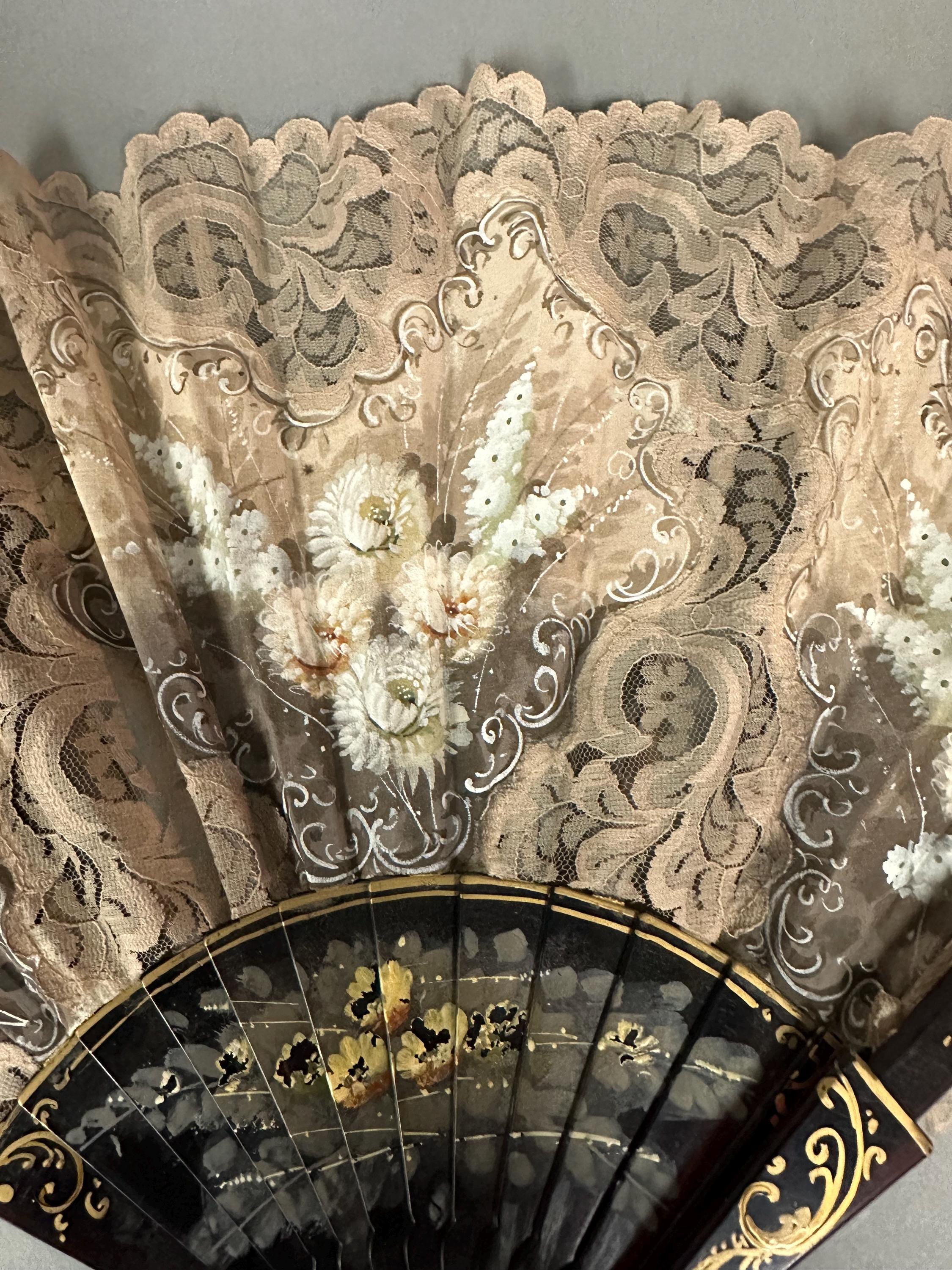Antique Victorian French Hand Painted Floral Lace Folding Hand Fan 19th ...