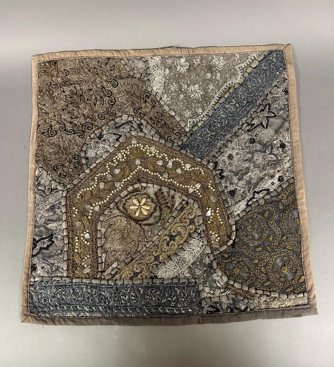 Vintage Metallic Thread and Beading Patchwork Art Square Table Topper ...