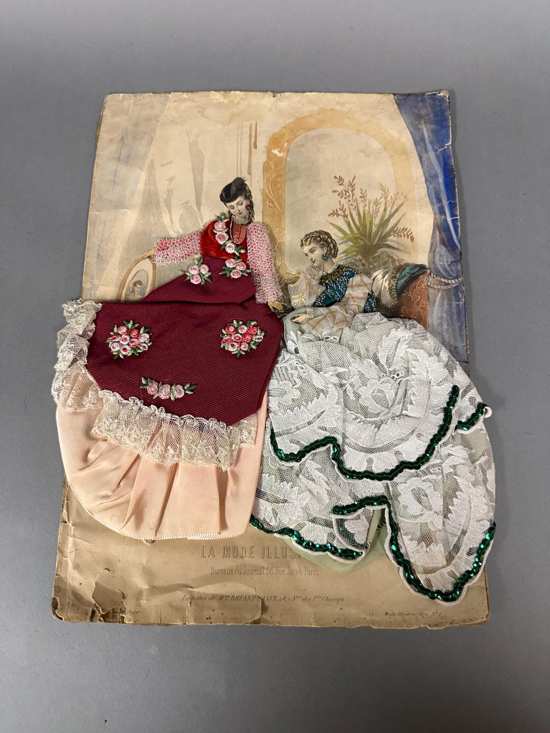Antique La Mode Illustree French Fashion Lithograph With Vintage Fabric ...