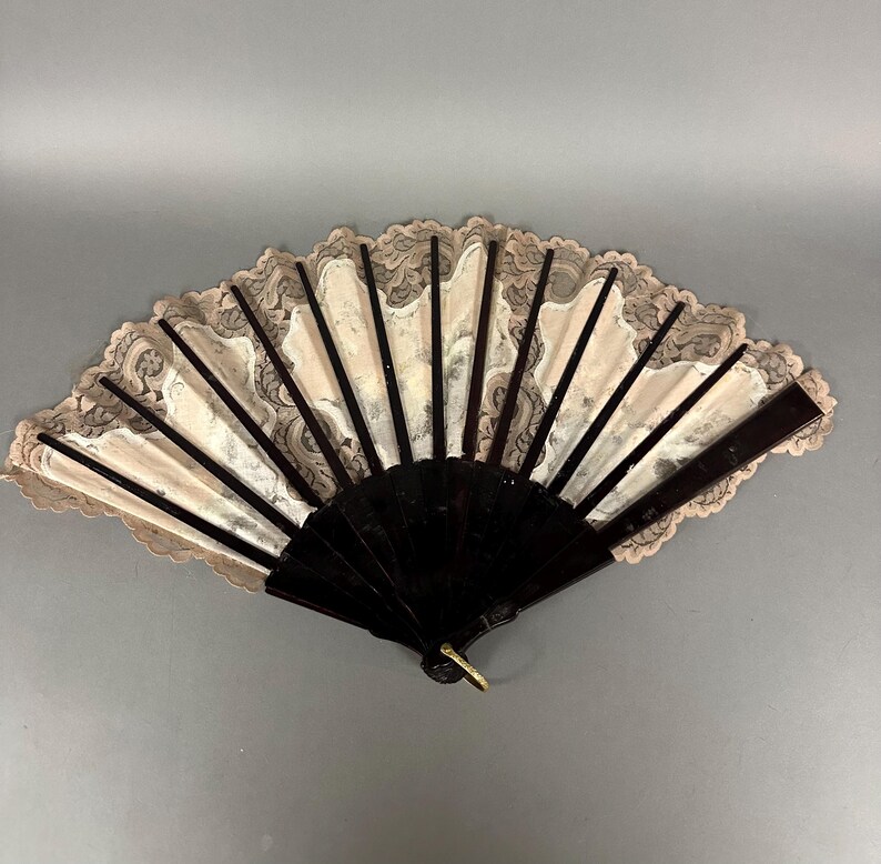 Antique Victorian French Hand Painted Floral Lace Folding Hand Fan 19th ...